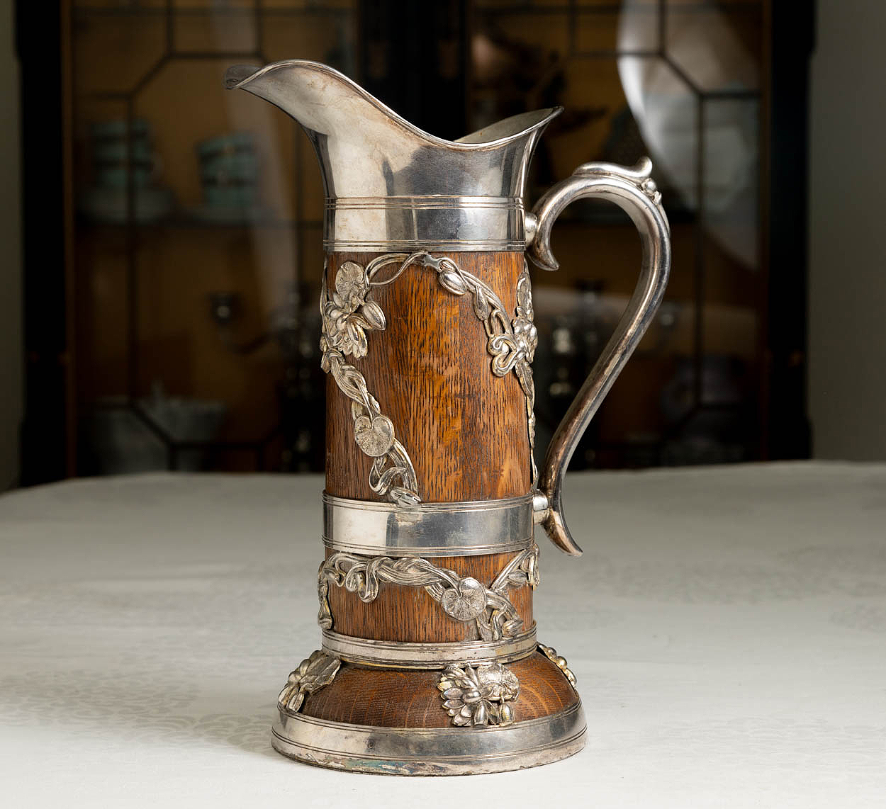 19th c. Art Nouveau Silver Overlay Oak Ewer Pitcher