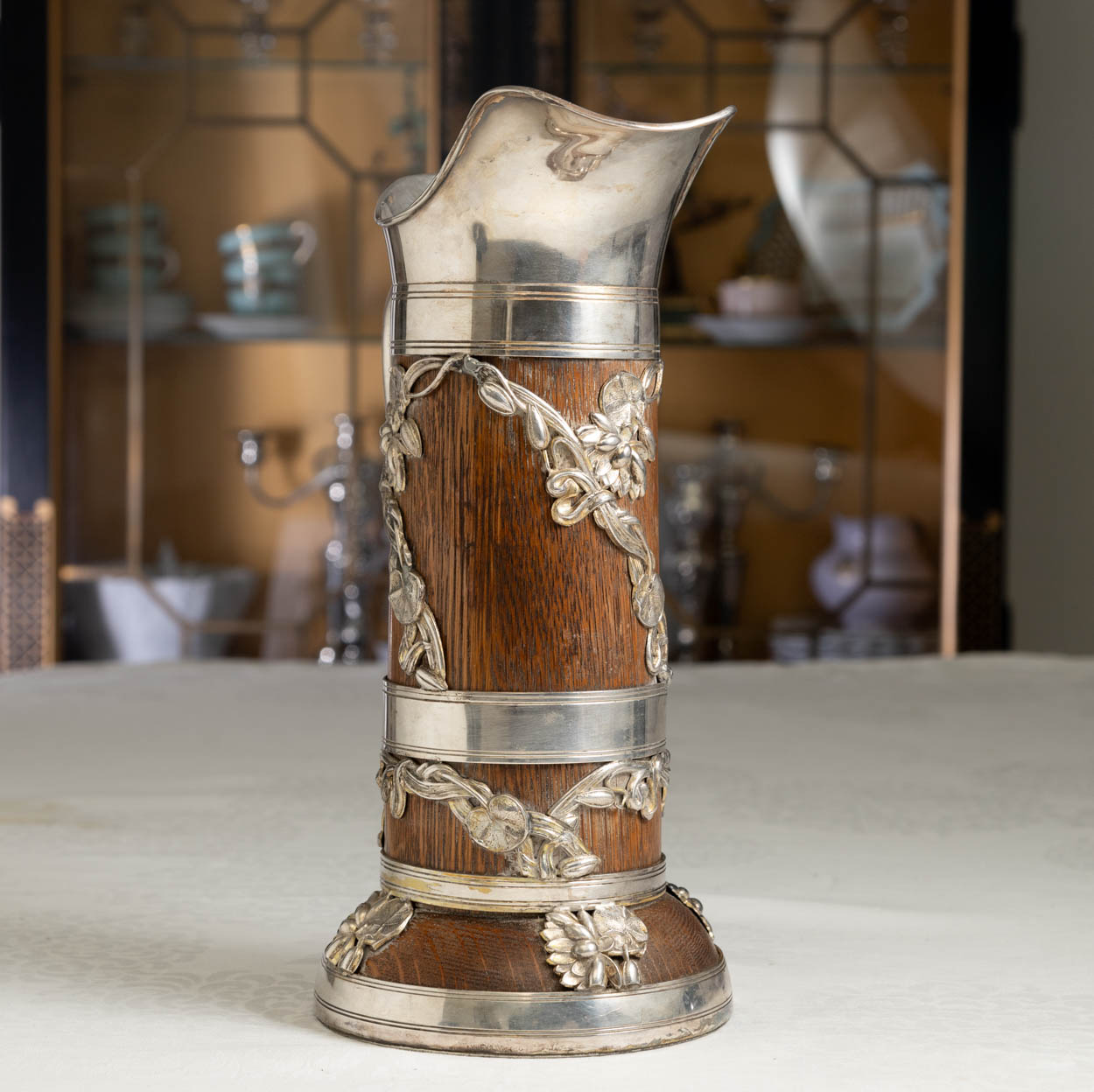 19th c. Art Nouveau Silver Overlay Oak Ewer Pitcher